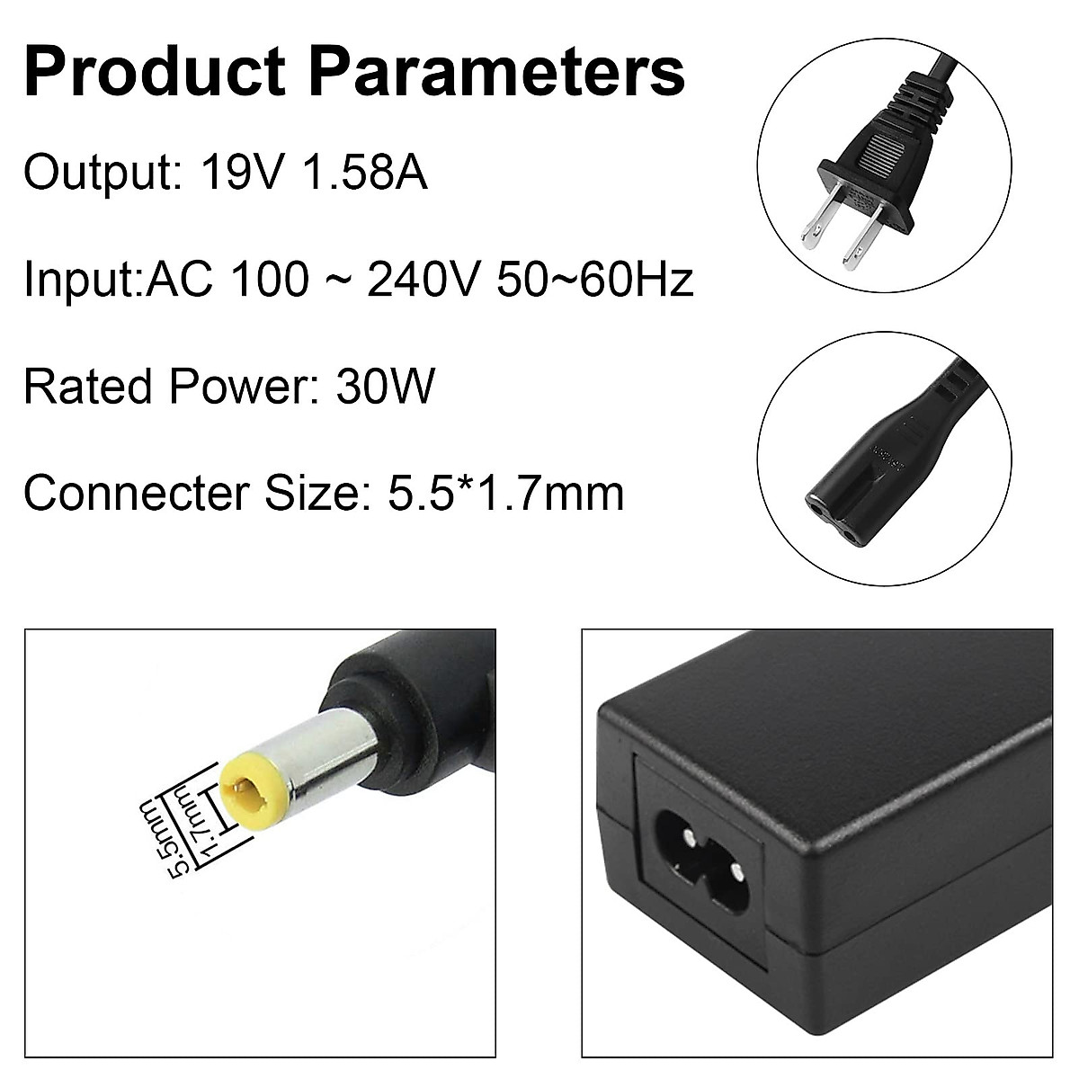 AC Adapter Power Charger Replacement for Dell Inspiron Mini 9 10 10V 12 910 1010 1011 1012 1018 1210 1090-1893 Mini Duo Tablet Vostro A90 Y200J ADP-50SB FSP030-DQDA1 LC.ADT00.006 PP39S 330-2063 30W