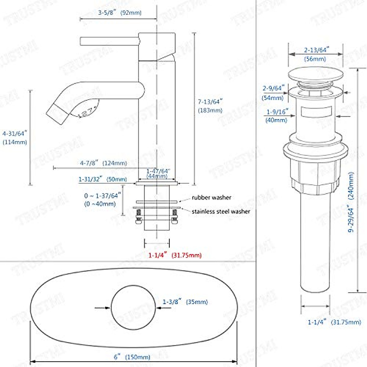 TRUSTMI Brass Single Lever Single Hole Bathroom Basin Sink Faucet with Pop Up Drain Assembly and 6-Inch Hole Cover Deck Plate,Brushed Gold