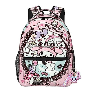 DIEZ My Bunny Melody Backpack Women Casual Pink Backpack Cartoon My Bunny Melody Kawaii Backpack Breathable Large-Capacity Travel Daypack With Keychain