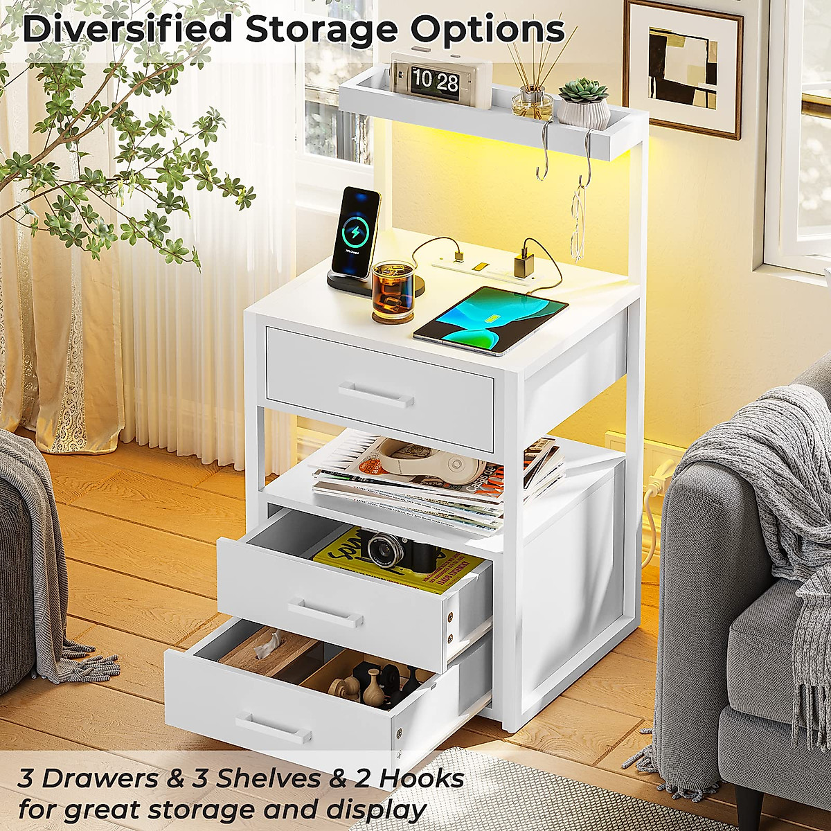 AOGLLATI Nightstand Set of 2 with Charging Station and LED Lights, Bedside Table with 3 Drawers and Open Storage Shelves, 2 USB Ports and 2 AC Outlets, LED Night Stand for Bedroom, 2 Pack, White