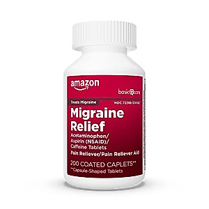 Amazon Basic Care Migraine Relief, Acetaminophen, Aspirin (NSAID) and Caffeine Tablets, Migraine Headache Relief, Pain Reliever/Pain Reliever Aid, 200 Count
