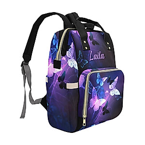 XOZOTY Fantasy Purple Butterfly Diaper Bags Backpack with Name Personalized Baby Bag Nursing Nappy Bag Travel Tote Bag Gifts