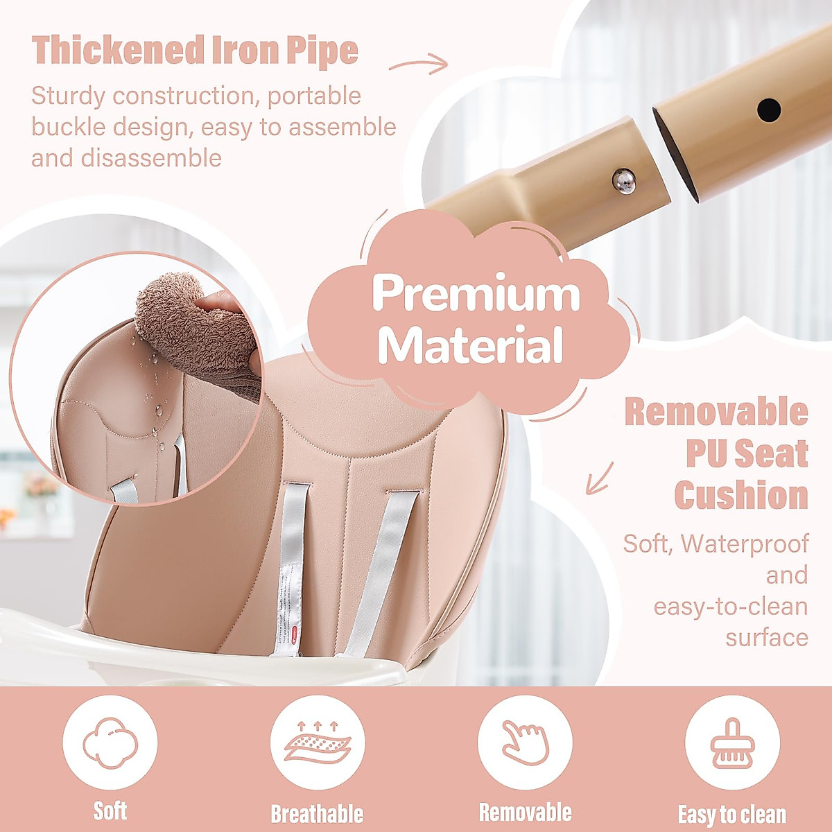 6-in-1 Convertible High Chair for Babies and Toddlers, Baby Feeding Chair with Adjustable Legs & Double Dishwasher Safe Tray, Infants Eating Chair with Footrest&Safety Harness for Boys Girls, Pink