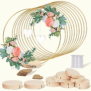 GUDELAK 12 Set 12 Inch Floral Hoop Centerpiece Table Decorations with 2 Heart Shaped Acrylic, Gold Wedding Centerpieces with Wood Round Base for DIY Wedding Decor Wall Hanging Crafts