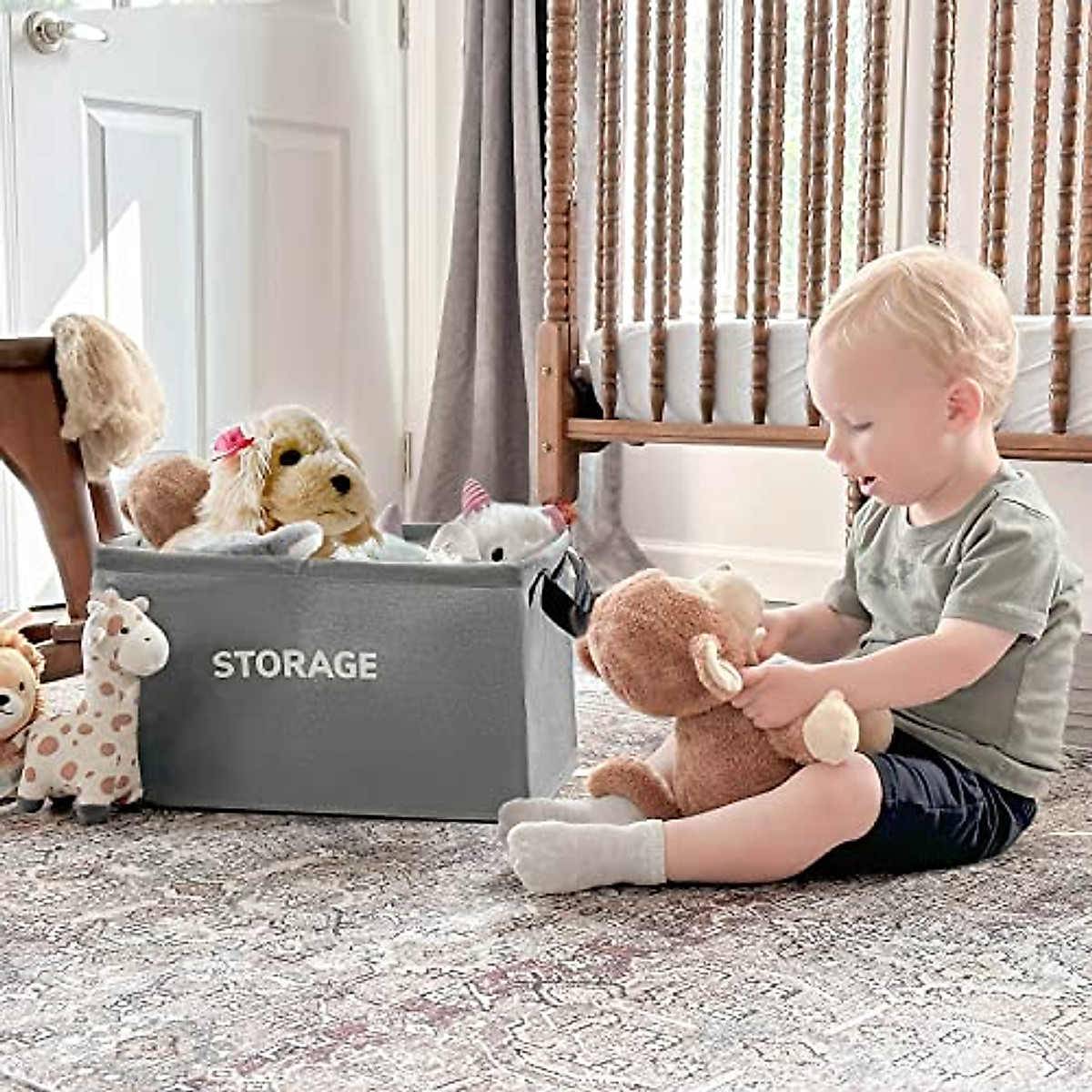 Goodpick Large Toy Storage Bins Cloth Baskets for Organizing, Rectangle Shelf Baskets for Nursery, Fabric bins for Bedroom, Living Room, Grey, 2-Pack, 16.9 x 11.0 x 9.8 inches