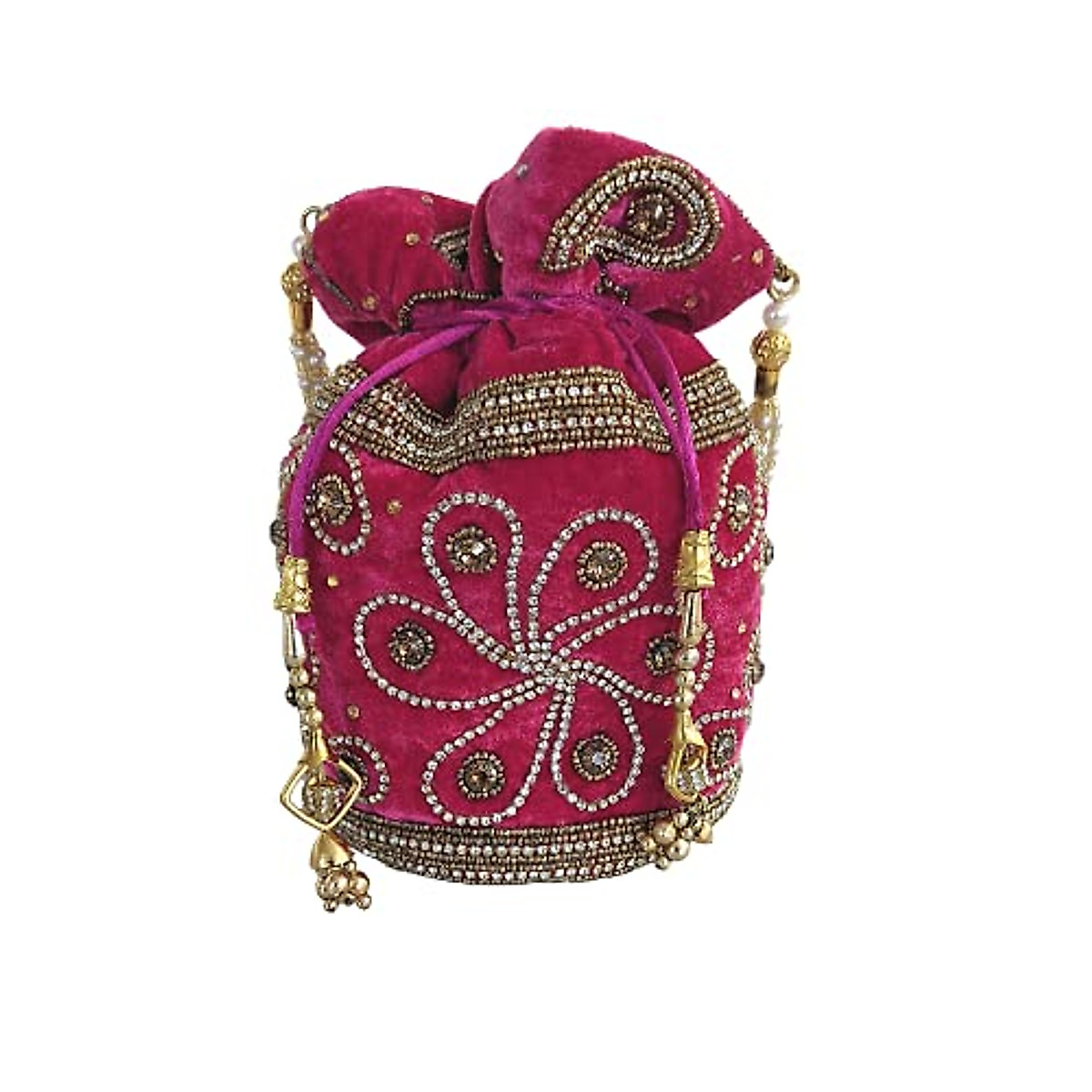CRAFT BAZAAR Indian Potli Bag, Standing Drawstring Purse, Mini Bucket Bag, Evening Bag with Wristlet and Tassels (Pink)