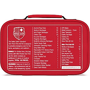 Swiss Safe 2-in-1 First Aid Kit for Car, Travel & Home, Businesses - Bonus Mini Kit for Medical Emergency Aid, Survival, Camping - FSA & HSA Eligible 120+32-Pcs, 1Pk -Red-Small+Travel