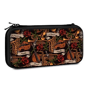 Carrying Case Compatible with Switch 2017 / Switch OLED 2021 Console Joy-Con with 10 Game Card Slots , Musical Instruments, Roses and Vintage Ribbon
