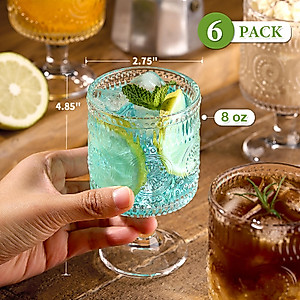 6 Packs Vintage Goblet Glasses, 8 oz Wine Glasses, Embossed Floral Glass Cups Set, Clear Drink Glasses, Drinking Goblets, Bar Tumbler Glassware for Iced Tea, Wine, Beer, Juice, Cocktail, Whiskey
