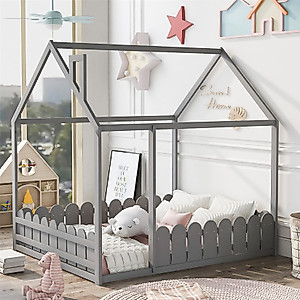 Kids House Beds, Full Floor Bed with Fence Wood Cabin Bed Frame Can be Decorated for Teens, Girls, Boys, Adults, Gray