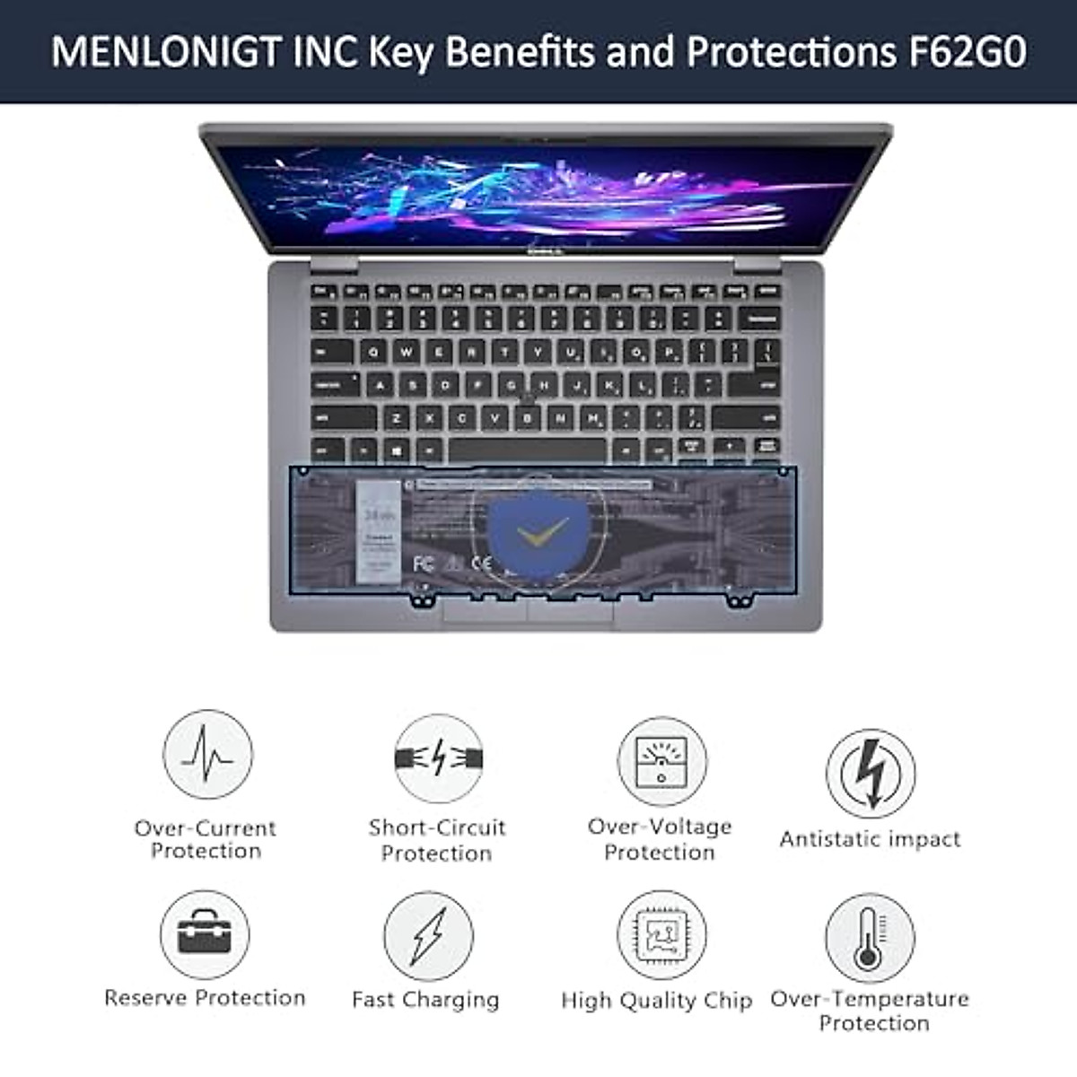 New 38Wh F62GO Battery Replacement for Dell Inspiron 13 7000 7373 7386 2-in-1 7370 7380 5370 P83G P87G P91G P83G001 P83G002 P91G001 P87G001 Vostro 13 5370 Series 39DY5 039DY5 RPJC3 0RPJC3 11.4V