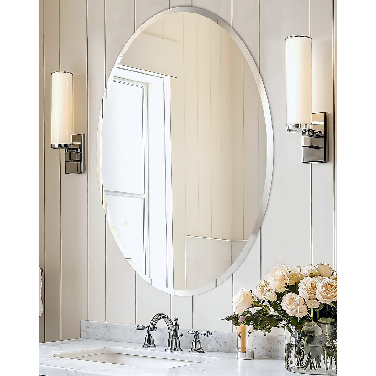 Artloge Frameless Oval Wall Mirror: Decorative Elliptical Mirrored Glass Vanity with Beveled Silver Edge for Bathroom Bedroom Livingroom Dining Room Entryway Hallway, 32 x 24 inch