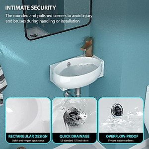 Funmier Wall Mount Vessel Sink Right Hand - 16 x 11 Inch Oval Bowl Rectangular Wall Hung Bathroom Sink Basin White Ceramic Porcelain Modern Floating Vessel Sink