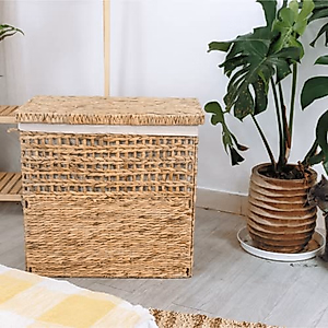 WERORA - Hampers for Laundry 136L, Wicker Water Hyacinth Double Laundry Baskets, Divided Laundry Hamper, Tall Collapsible Laundry Hamper with Lid, Boho Laundry Basket for Bathroom, Bedroom.