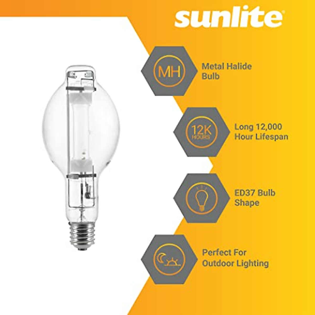 Sunlite 03680-SU MH1000/U/BT37 M47 Metal Halide Lamp, 1000 Watts, Mogul Base (E39), BT37, 12,000 Hours Life, 110,000 Lumen, Clear Finish, 4000K