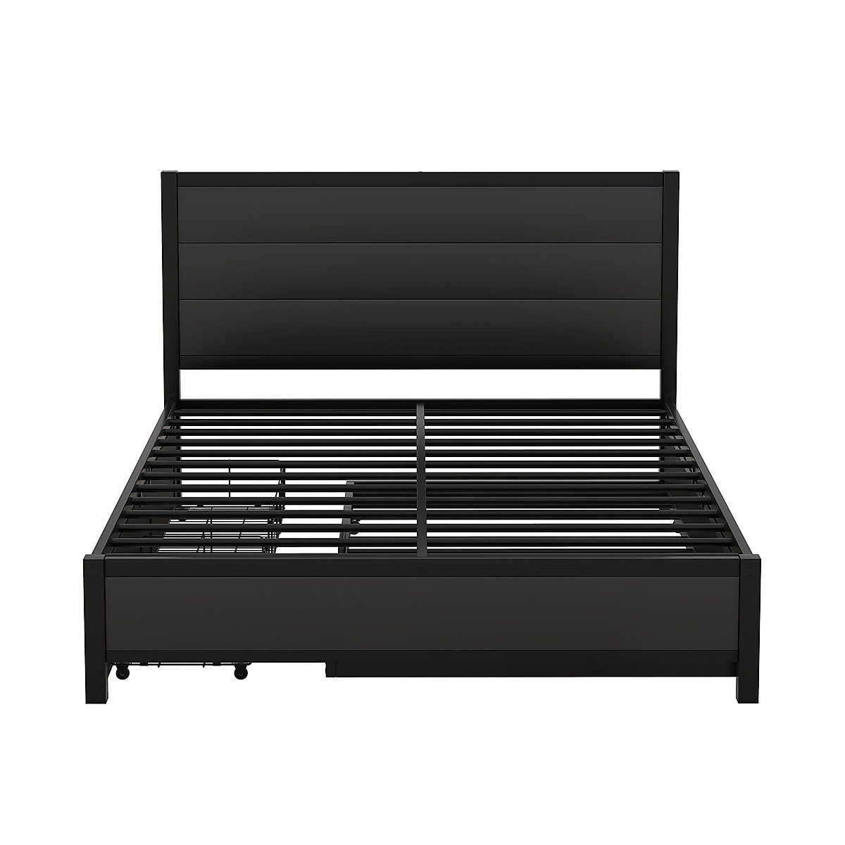 VilroCaz Queen Size Heavy Duty Metal Platform Bed with Twin Size Trundle and 2 Drawers, Mattress Foundation Platform Bed Frame with Headboard and Solid Slats Support for Bedroom Guest Rooms