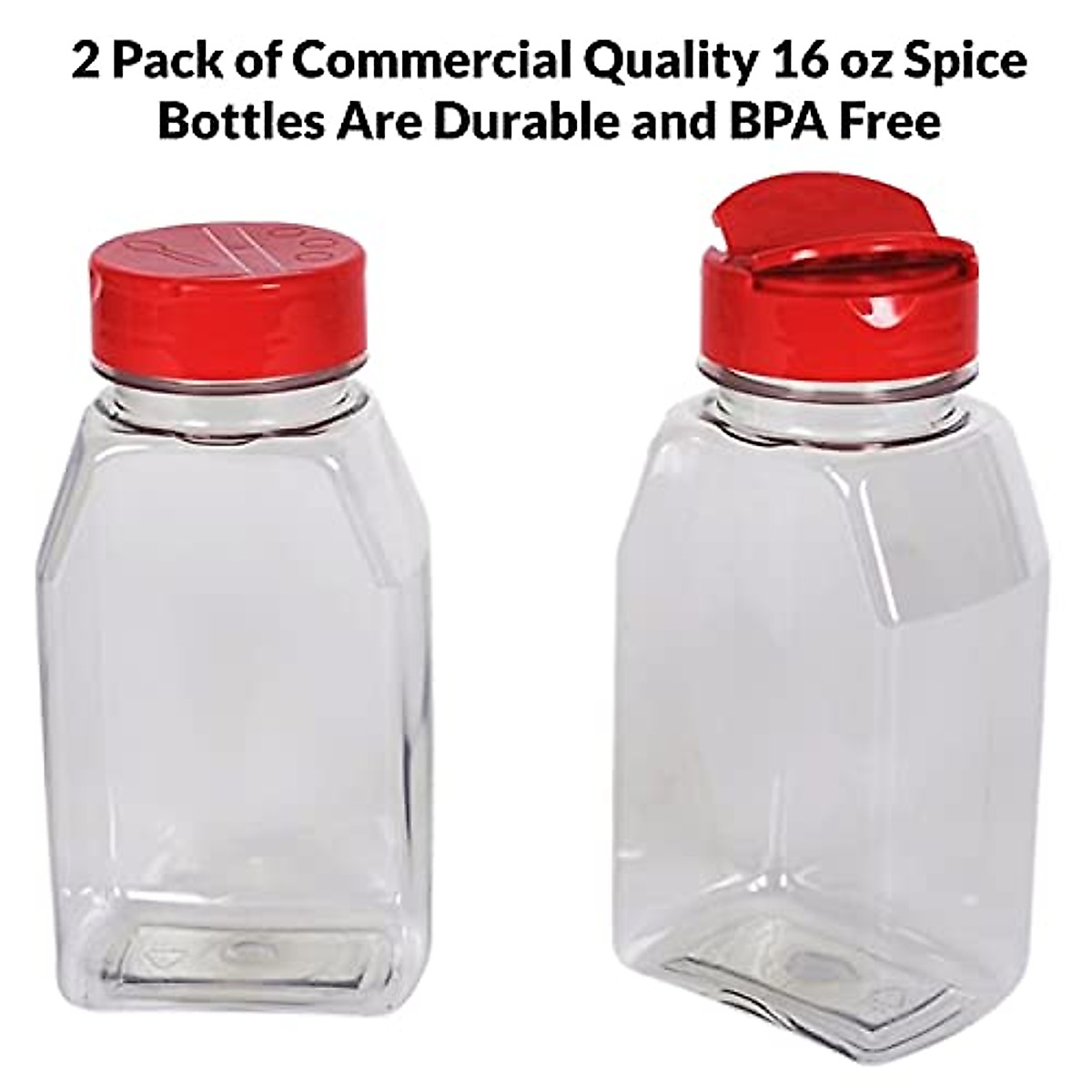Skyway Supreme Large 16 OZ Clear Plastic Spice Bottles Seasoning Containers Jars - Set of 2 - Flap Cap with Pour and Sifter Spice Shaker - Durable Refillable Perfect For Herbs Spices Rubs - BPA Free