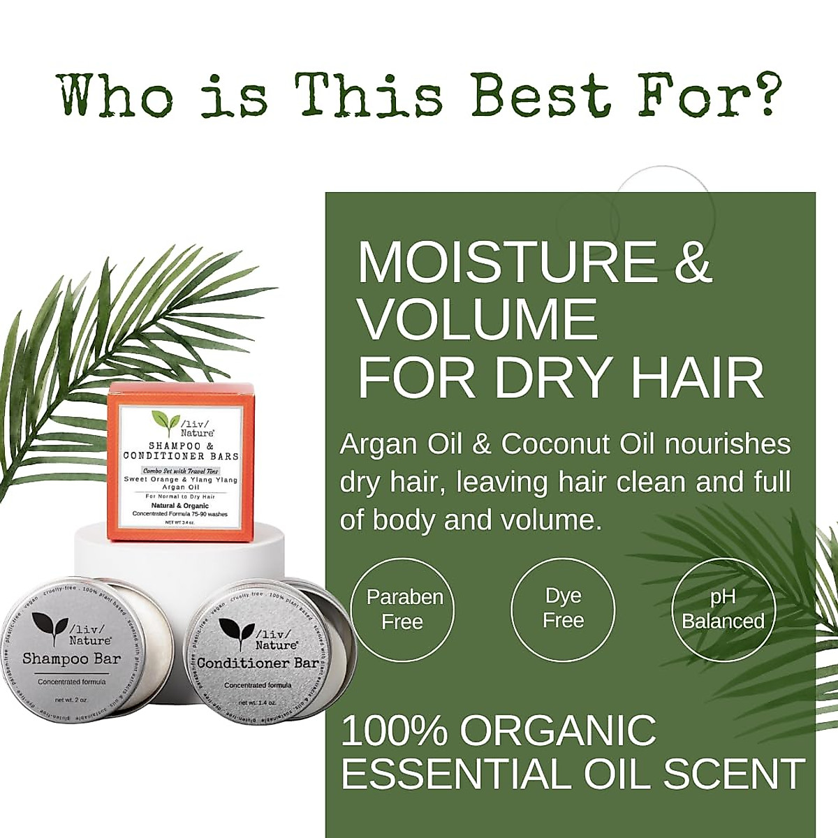 /liv/ Nature Shampoo Bar and Conditioner Set with Travel Case | Volume and Moisture for Dry Hair | Orange, Ylang Ylang, Argan Oil | Made in USA | 2-pk