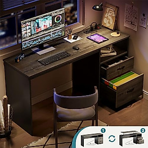Bestier Lift Top Computer Desk with File Drawer, 60" Large Office Desk with Power Outlet USB Port Built in Writing Study Computer Table with Storage Workstation for Home Office Bedroom, Gray