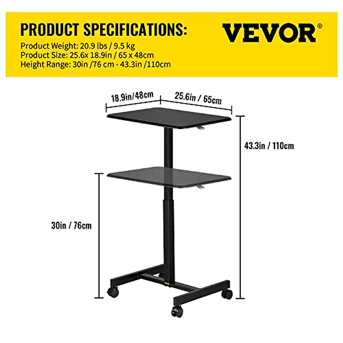 VEVOR Mobile Laptop Desk, 30" to 43.3", Height Adjustable Rolling Cart w/Gas Spring Riser, Swivel Casters and Hook Home Office Computer Table for Standing or Sitting, Black