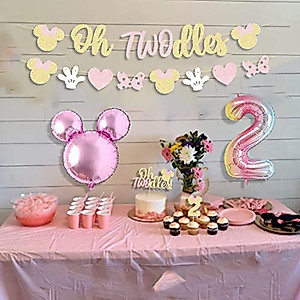Oh Twodles Balloons Pink Mouse Second Birthday Mouse Banner Cake Topper 2nd Banner Party Supplies Decorations Photo Prop for Girl Baby Bday Pink