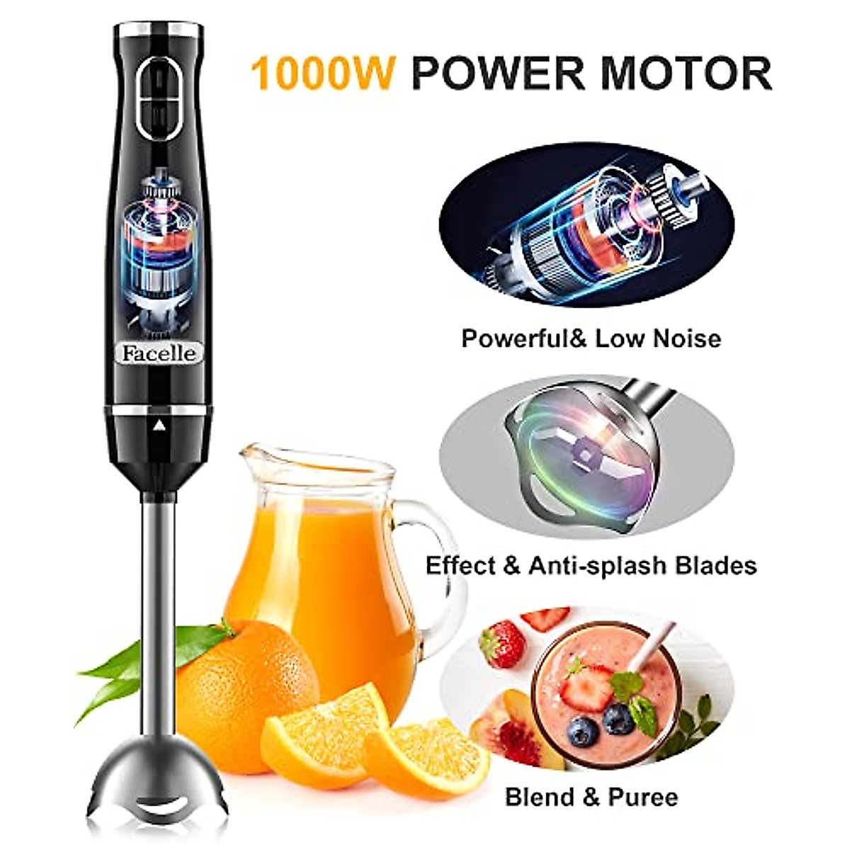Facelle Immersion Hand blender 1000W, 4-in-1 Handheld Smoothie Blender Stick Blender with Chopper, Beaker, Whisk for Smoothie, shakes, Baby Food, Sauces Red, Puree, Soup