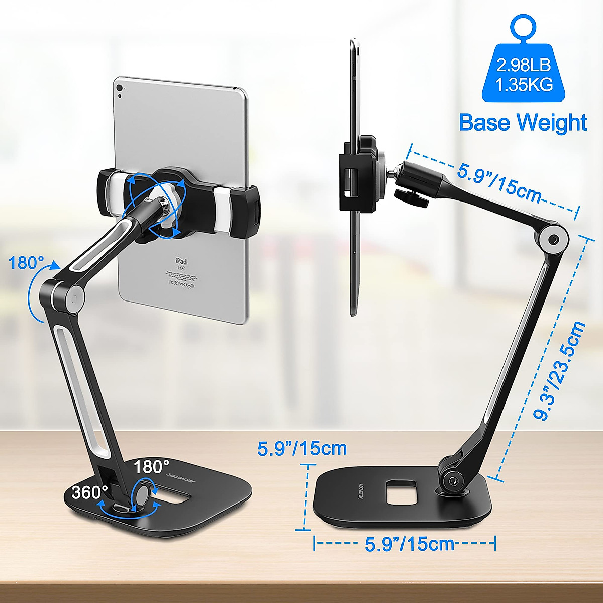AboveTEK Tablet Stand, Multi-Angle Adjustable iPad Stand Holder, 360° Swivel iPad Stand Aluminum Desk Mount Fits 4”-11"(Diagonal) iPad/Mini/Air/Pro for Business Kiosk Office – Black