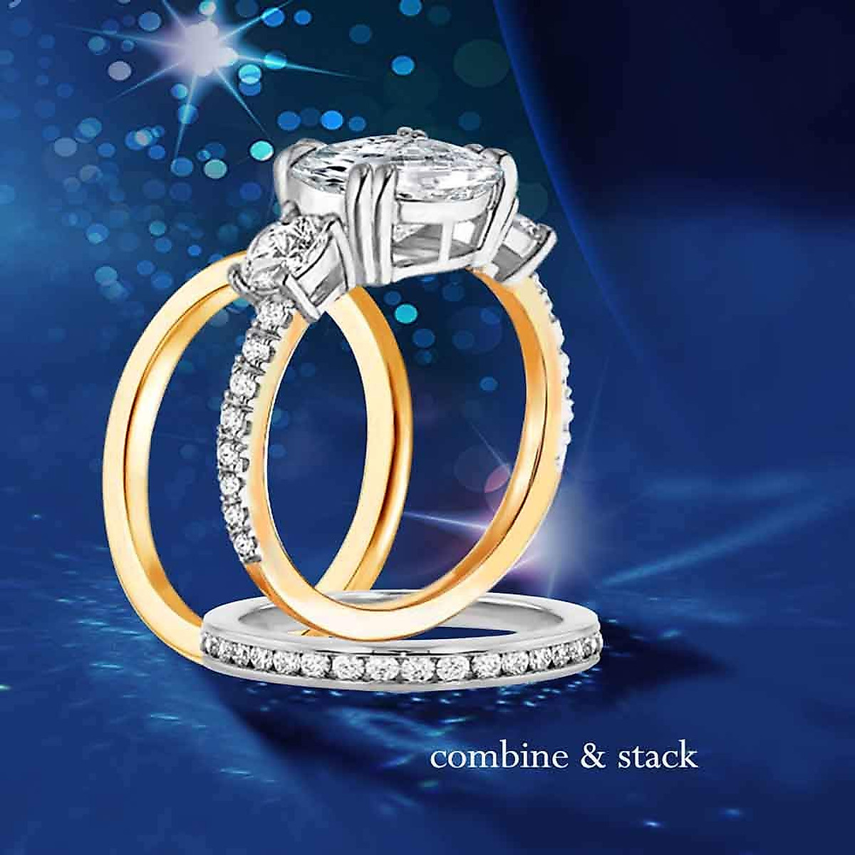 Samie Collection 3 Stone Cushion Cut Simulated Diamond Engagement Ring with Side Stones in Yellow Gold & White Gold Plating, Size 8