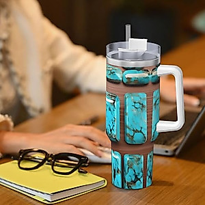 HULIBIN Bright Aqua Blue Turquoise Print Double Deck Stainless Steel Travel Coffee Cup With Lid 40 Oz Ice Bully Cup
