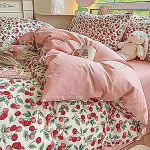Cherry Duvet Cover Set, 100% Cotton Pure Cotton Printing，Home Standard Four-piece Bedding Set Decorative, Deep Pocket, Warm, Super Soft, Breathable Sheets with 2 Pillow Shams, Red ( Size : A2.0m4pcs )