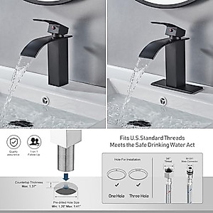 GENBONS Black Waterfall Spout Bathroom Faucet, Single Handle Bathroom Sink Faucet with Metal Pop-up Drain, Rv Lavatory Vessel Faucet with Deck Plate