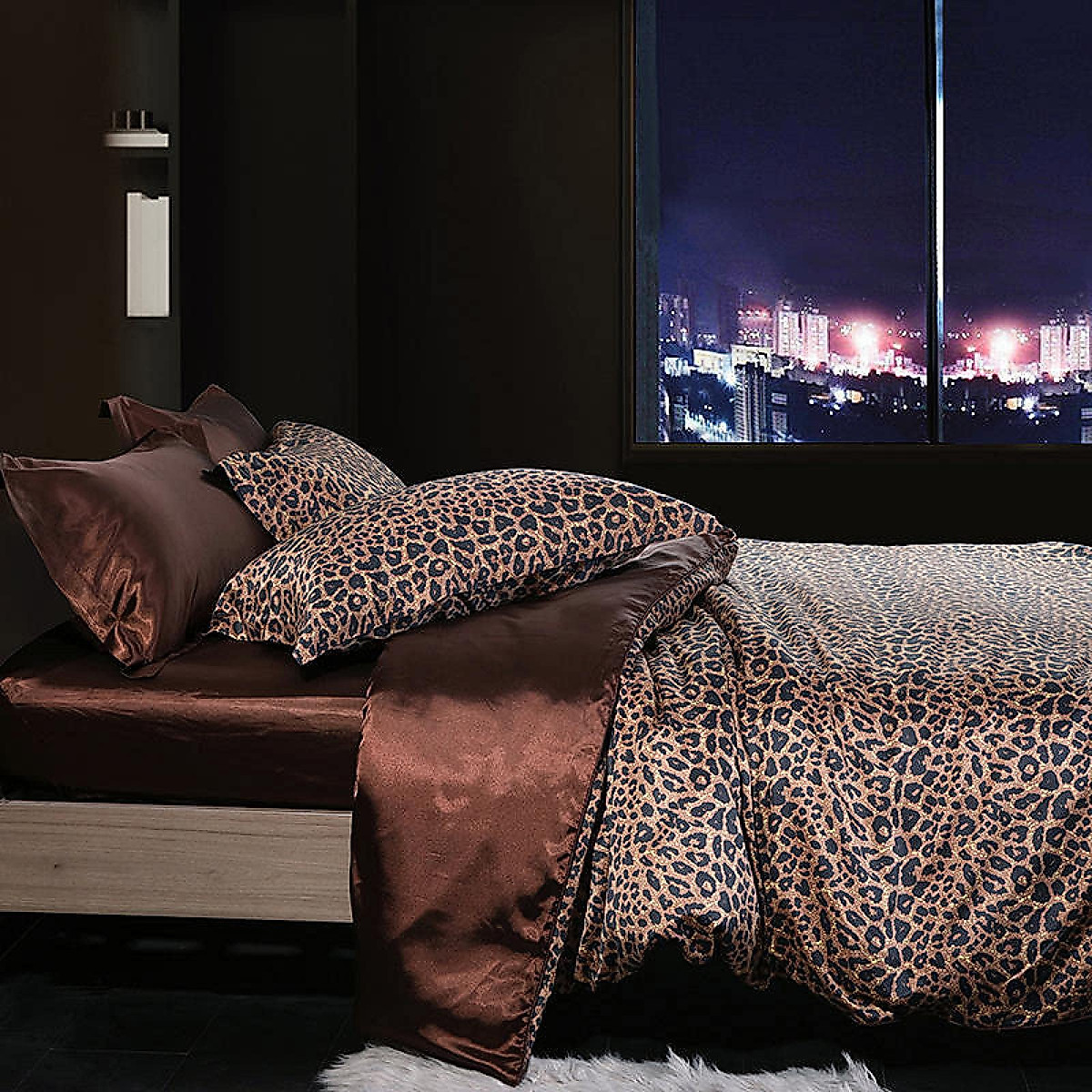 ErZhuiZi Luxury Satin Silky Duvet Cover Set with Fitted Sheet 4pcs Silk Bedding Set with 2 Pillowcases Leopard Print Comforter Cover,LeopardPrint-Queen