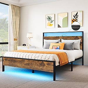 YITAHOME Queen Size Bed Frame, LED Bed Frame with 2 USB Ports, Platform Bed frame with 10.2” Under Bed Storage Clearance, Strong Metal Slats Support, No Box Spring Needed, Vintage Brown