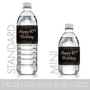 Black and Gold 40th Birthday Party Water Bottle Labels - 24 Stickers