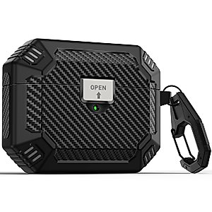 Winproo Armor Airpods Pro Case Cover with Lock Clip, Military Hard Shell Full-Body Shockproof Protective Case Skin with Keychain for Airpods Pro (Black)