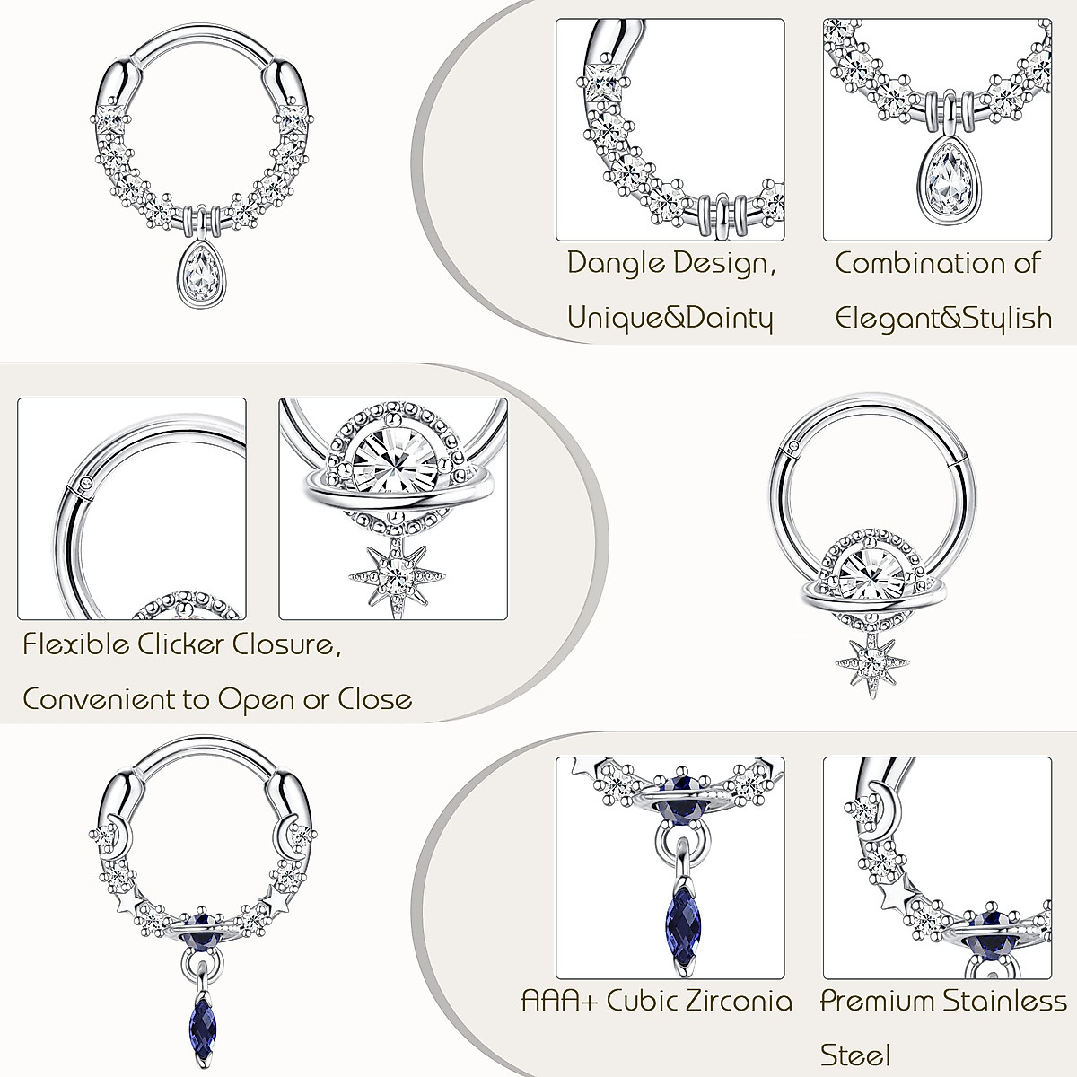 CASSIECA 16G Septum Rings Stainless Steel Dangle Septum Jewelry with Blue Plant Teardrop Clear CZ Butterfly Heart Moon Sun Daith Cartilage Helix Tragus Earrings Nose Rings Piercing Jewelry for Women