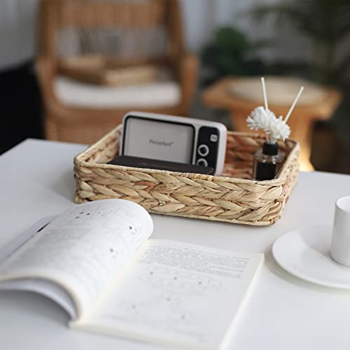 Water Hyacinth Woven Serving Tray Rectangular Hand-Woven Wicker Storage Trays for Coffee/Breakfast/Dessert/Fruit/Bread (Original Color - Large)