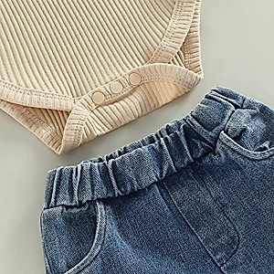 Vintage Baby Girl Clothes Infant Lace Onesie Ribbed Romper+Ruffle Flare Jeans+Headband Boho Spring Outfit (A Lace Oneise+Flare Jeans,0-6 Months)
