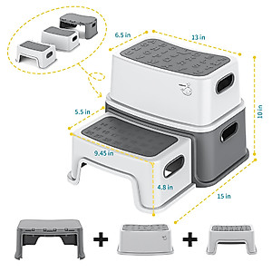 INNOWEST Step Stool for Kids (Ducks Included), 2 Step Stool for Bathroom Sink, Anti-Slip Sturdy Toilet Potty Training Toddler Stool with Handles (Grey)