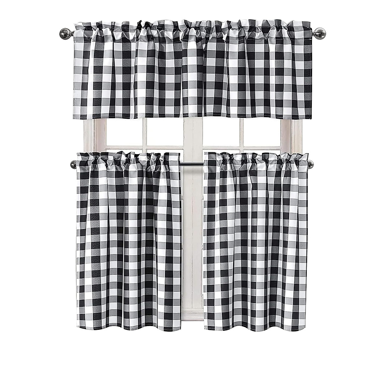 Hiasan 3 Piece Semi Sheer Black Kitchen Curtains Light Filtering Buffalo Checkered Tier and Valance Window Curtains Set