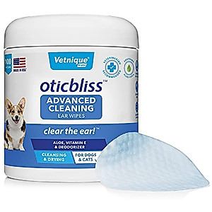 VETNIQUE LABS Oticbliss Ear Cleaner Wipes/Flushes for Dogs & Cats with Odor Control and Itch Relief Reduces Head Shaking - Clear The Ear (Ear Cleaning Wipes, Advanced Cleaning Small)