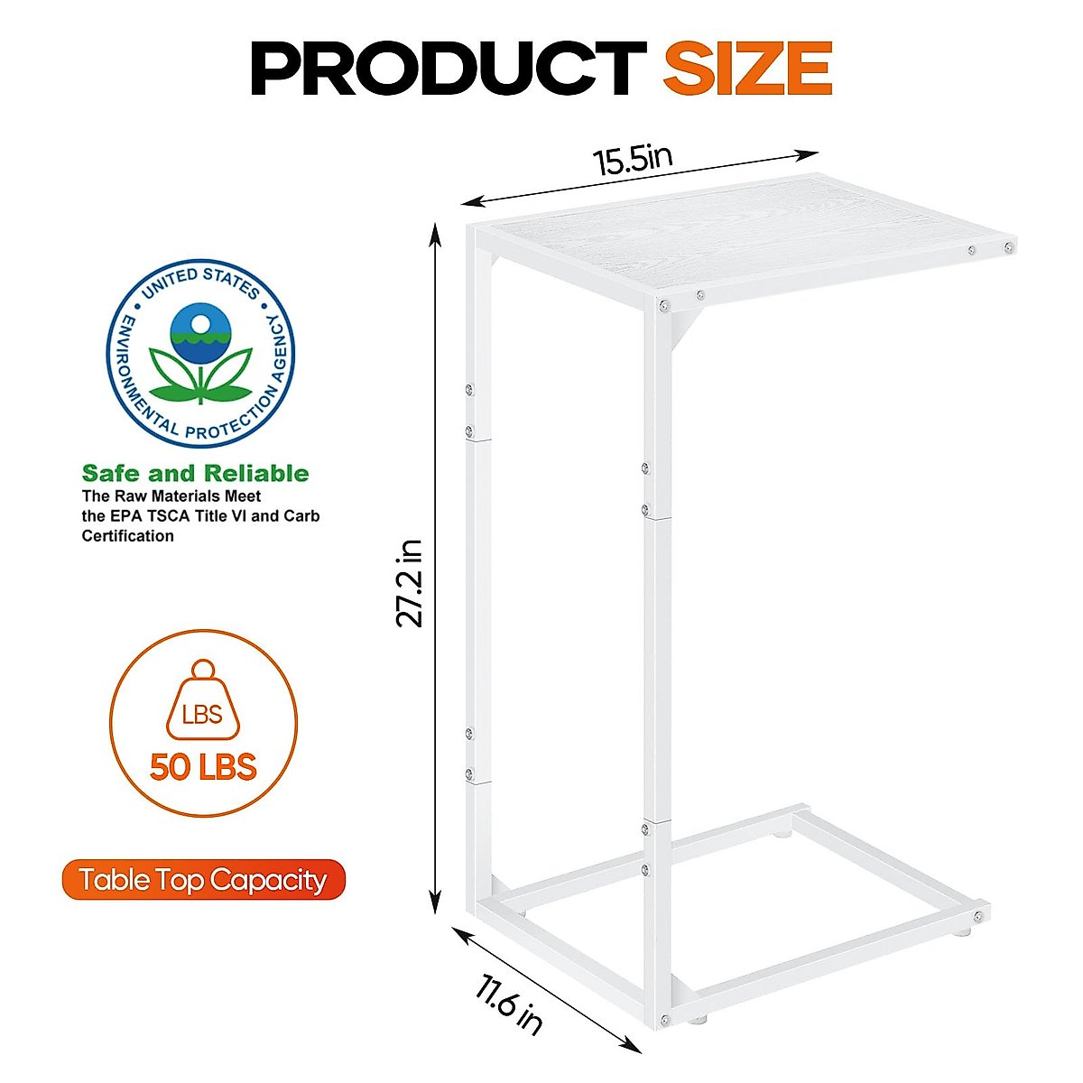 Set of 2 C Shaped End Table, Couch Tables That Slide Under, C Shaped Sofa Table for Couch, C Tray Snack Side Table for Living Room, Bedroom,Sofa, White