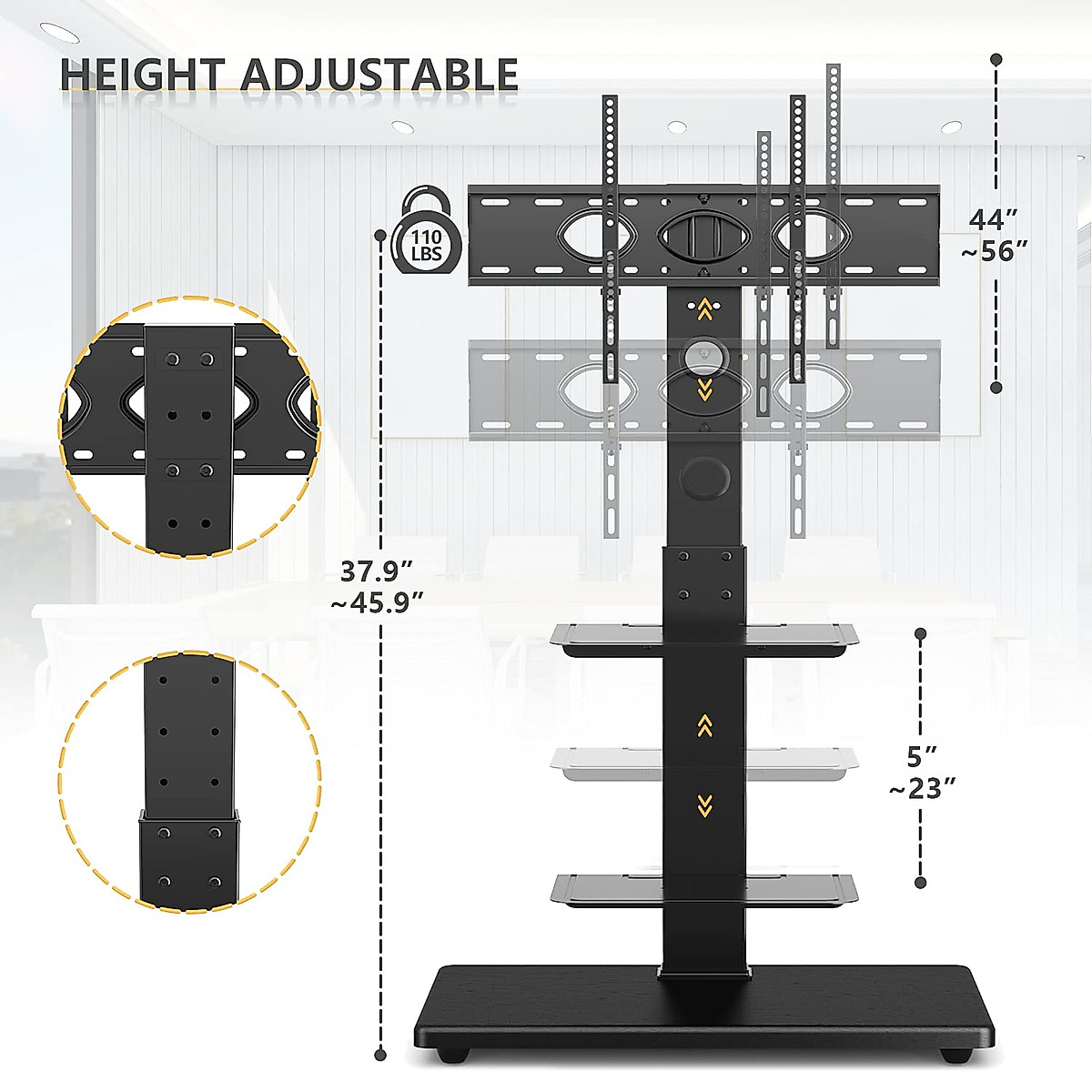 Universal Floor TV Stand with Height Adjustable Swivel Mount and 3 Media Storage Shelves, Fit for 42 43 47 50 55 60 65 70 75 Inch Plasma LCD LED OLED Flat or Curved Screen TVs