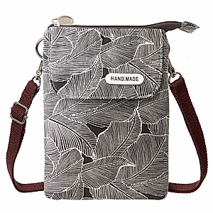 WITERY Small Canvas Cell Phone Purse Wallet- Handmade Cute Leaf Pattern Cross Body Phone Pouch with Shoulder Strap for Women Teen Girls
