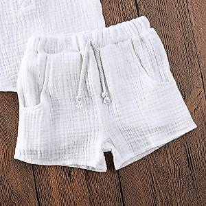 GOOCHEER Toddler Baby Boy Girl Clothes Solid Linen Short Sleeve T-Shirt Tops Shorts Pants Unisex 2Pcs Summer Outfits Set (A-White, 2-3T)