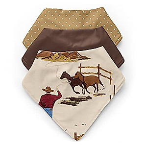 Sweet Jojo Designs Western Cowboy Boy Baby Bandana Bibs Newborn Infant Feeding Drool Red Blue Tan Chocolate Brown and White Wild West Southern Country Horse - 3 Pack Set of Absorbent Fabric Bibdanas