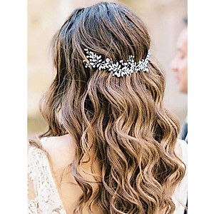 Unsutuo Crystal Bridal Headband Silver Rhinestone Leaves Wedding Hair Vine Pearls Bride Hair Pieces for Women and Girls(Silver)