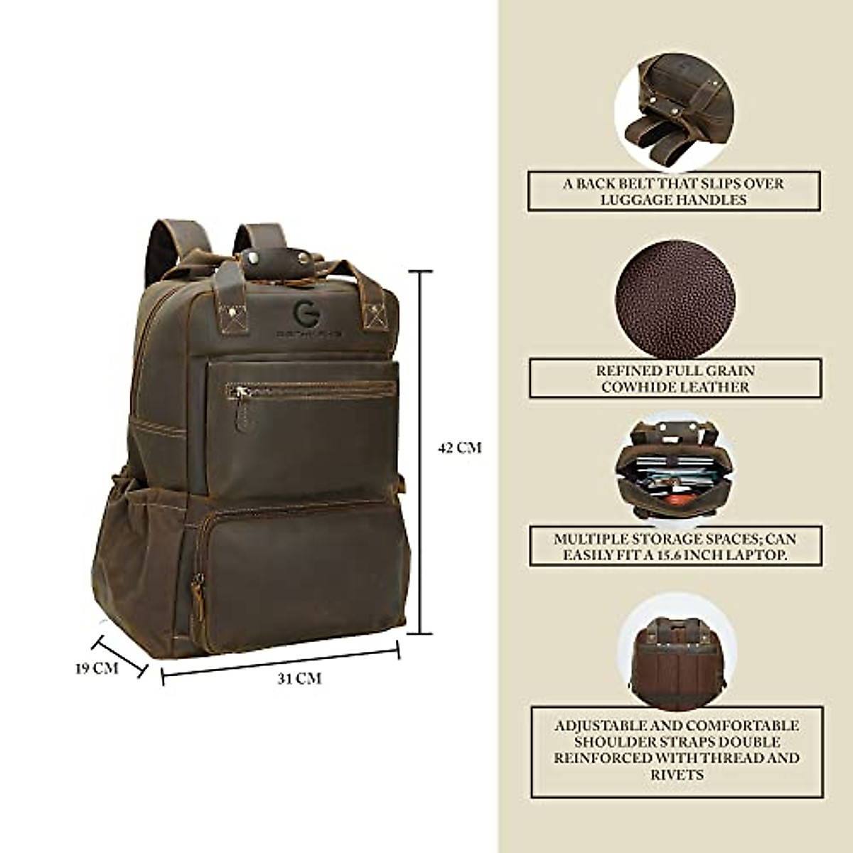GENMARKS Sultana Backpack (Dark Brown) - Genuine Leather Bag with Multiple Pockets - Convertible Purse Bag for Travel, Work, College, Gym & Hiking - Stylish Luggage Backpack for Books & 15.6” Laptop