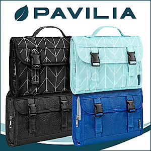 PAVILIA Travel Hanging Toiletry Bag for Women Men, Extra Large Capacity Makeup Bag Kit, Waterproof Cosmetic Storage Organizer Case for Bathroom Shower, Teal Chevron