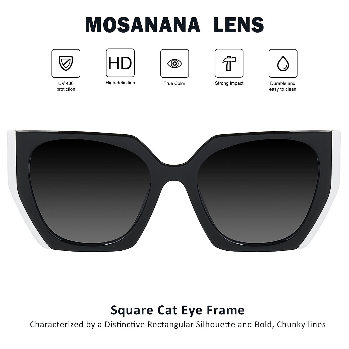 mosanana Square Cat Eye Sunglasses for Women Trendy Black White Cateye Rectangle Cool 90s Cute Funky Fashion 2022 Ladies 70s Retro Vintage Youth Chunky Baddie Stylish Sharp Pointed Shade 80s COCO